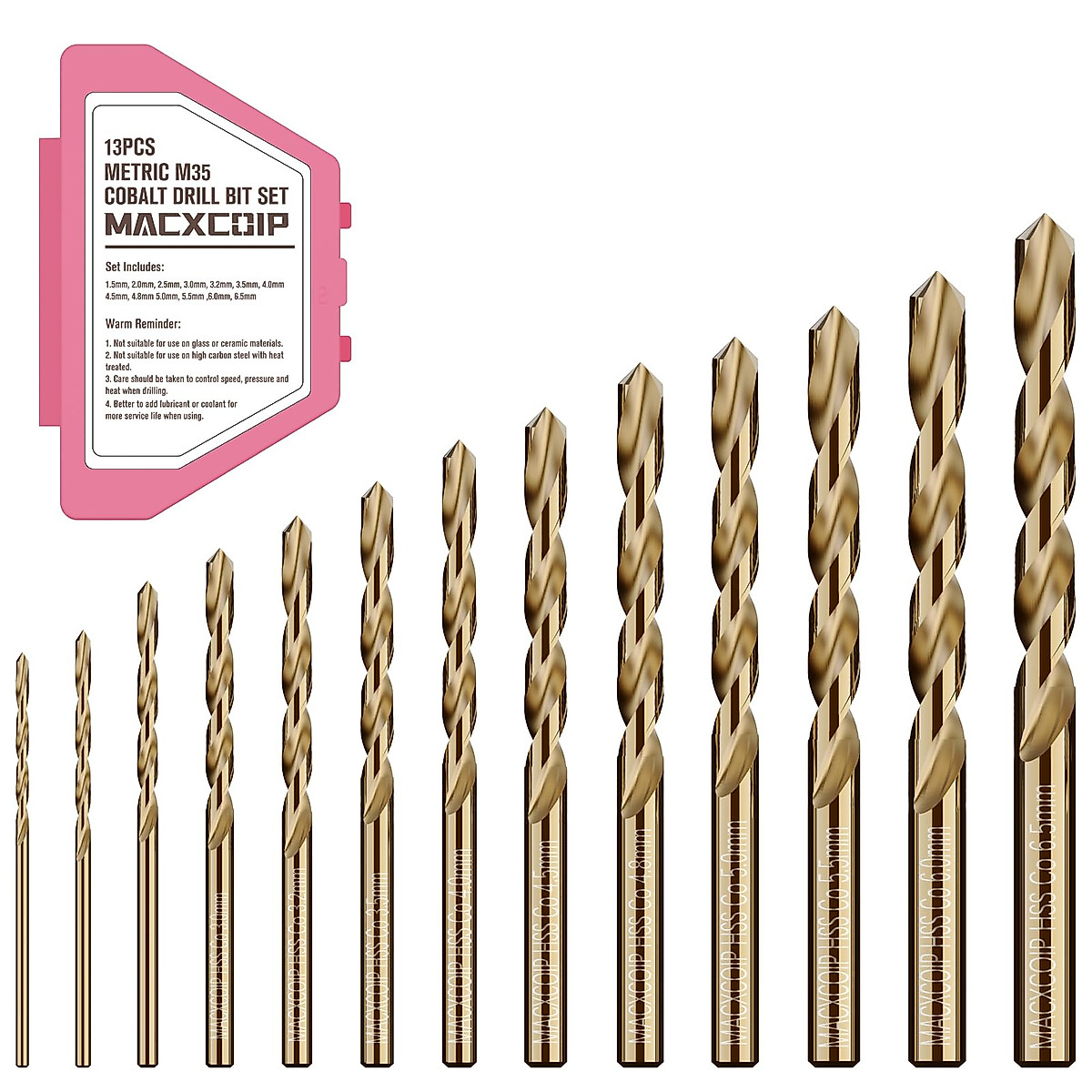 MACXCOIP Metric 13Pcs M35 Cobalt Drill Bit Set, 1.5mm-6.5mm HSS Cobalt Jobber Drill Bits, for Hardened Metals, Stainless Steel, Cast Iron and Wooden Plastics, with Plastic Index Storage Box