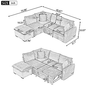 FANYE L-Shaped Oversized Convertible Sleeper Sectional Sofa Couch Daybed W/Pull Out Sleep Sofabed,Storage Ottoman, 2 Pillows, Power Sockets and USB Charging Ports for Living Room