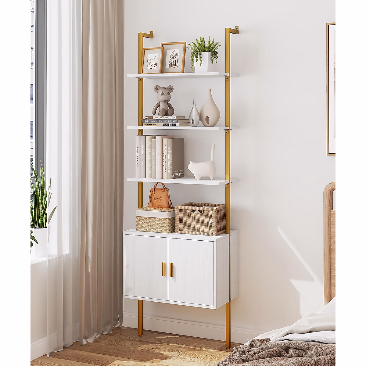 Yusong 73" Tall Bookshelf with Cabinet, Industrial Ladder Wall Mount Shelf Bookcase with Wood and Metal Frame, Plant Shelf Wall Storage Display for Living Room Bedroom, White Gold