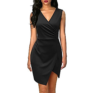 Dimur Summer Dress Vintage Sleeveless V Neck Sheath Bodycon Date Night Ladies Swing Dresses Black Large