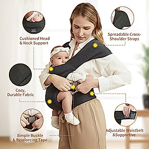 Newborn Carrier, MOMTORY Baby Carrier(7-25lbs), Cozy Baby Wrap Carrier, with Hook&Loop for Easily Adjustable, Soft Fabric, Deep Grey