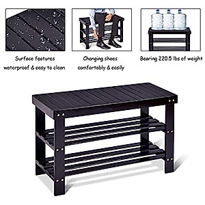 GOFLAME Shoe Bench Rack, 2-tier Bamboo Seat Storage Shelf, Free Standing Shoe Storage Bench with Stylish and Modern Design, Shoe Organizer for Décor Entryway, Hallway, Living Room, Bathroom (Black)