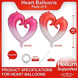 4 Pcs Huge Gradient Pink Heart Balloons 40 Inch Heart Shaped Balloons for Valentines Day Decorations Bridal Shower Wedding Party Decorations (Red,Pink)