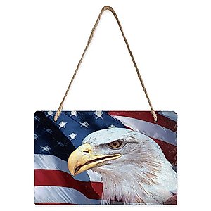 Welcome Wall Hanging Sign- Bald Eagle Head in American Flag Patriotic Army Stripe Star Blue Red White Slate Hanging Plaques for Front Door Porch Window Farmhouse Garden 5.1" x 7.9" Wall Home Decor
