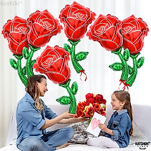 Katchon, Giant Rose Balloons 37 Inch - Pack of 6 | Rose Foil Balloons, Flower Shaped Balloons | Rose Shaped Balloons, Romantic Decorations Special Night | Happy Birthday Balloons Red Rose Balloons