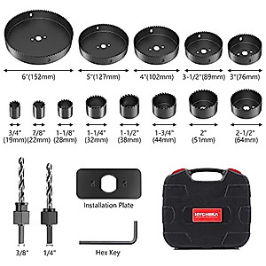 Hole Saw Set HYCHIKA 19 Pcs Hole Saw Kit with 3/4"-6"(19-152mm) 13Pcs Saw Blades, 2 Mandrels, 2 Drill Bits, 1 Installation Plate, 1 Hex Key, Ideal for Soft Wood, Plywood, Drywall, PVC