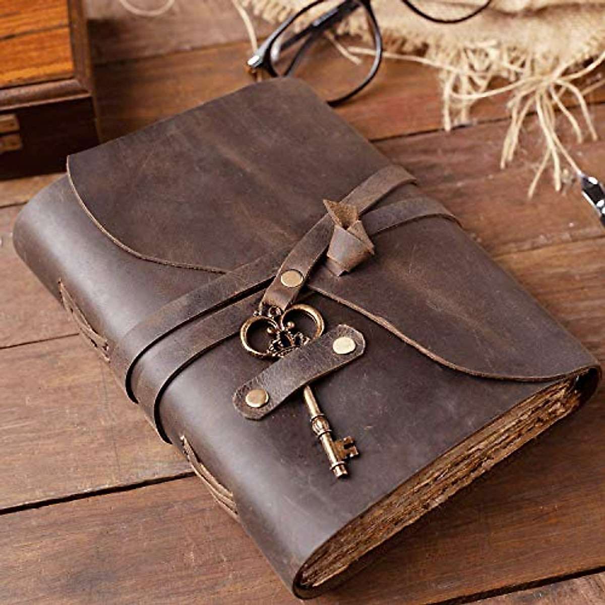 Vintage Leather Journal - Antique Handmade Deckle Edge Vintage Paper Leather Bound Journal - Book of Shadows Journal - Leather Sketchbook - Drawing Journal - Great Gift (Vintage Brown, 7.5"x5.5")