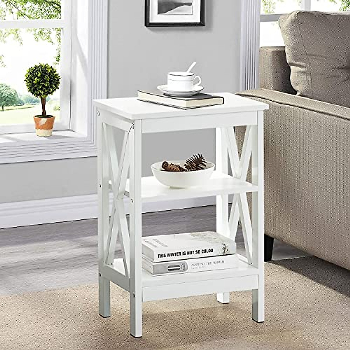 VECELO End Side Table with Storage Shelf Living Room,Bedroom Furniture, White, Nightstand with Shelves