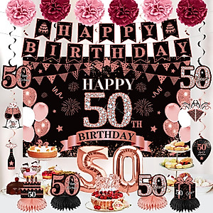 42PCS 50th Birthday Decoration Kit for Women, Rose Gold Happy 50th Bday Banner Balloons Honeycomb Centerpiece Swirl Paper Pompoms Party Supplies, 50 Bday Sash Table Cake Topper Swirls Set
