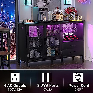 Cyclysio Wine Bar Cabinet with Power Outlets and LED Lights, Coffee Bar Station with Wine Rack, Industrial Sideboard Buffet with Drawers, Large Bar Cabinet for Liquor and Glasses, Home Bar, Black
