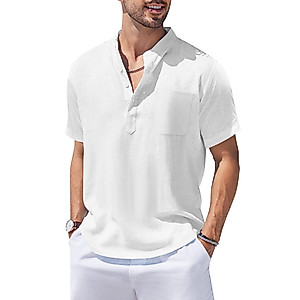 COOFANDY Men's Cotton Linen Henley Shirt Short Sleeve Hippie Casual Beach T Shirts with Pocket