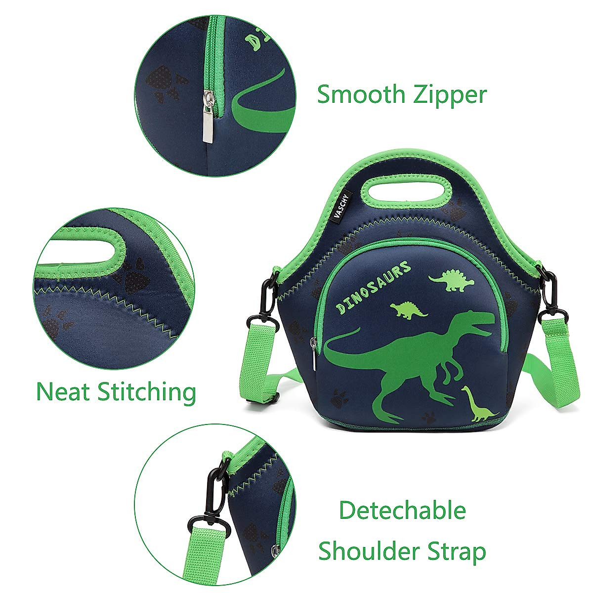 VASCHY Lunch Bag for Kids, Insulated Neoprene Lightweight Lunch Box Bag for Children Boys and Girls School Daycare Kindergarten Dinosaur