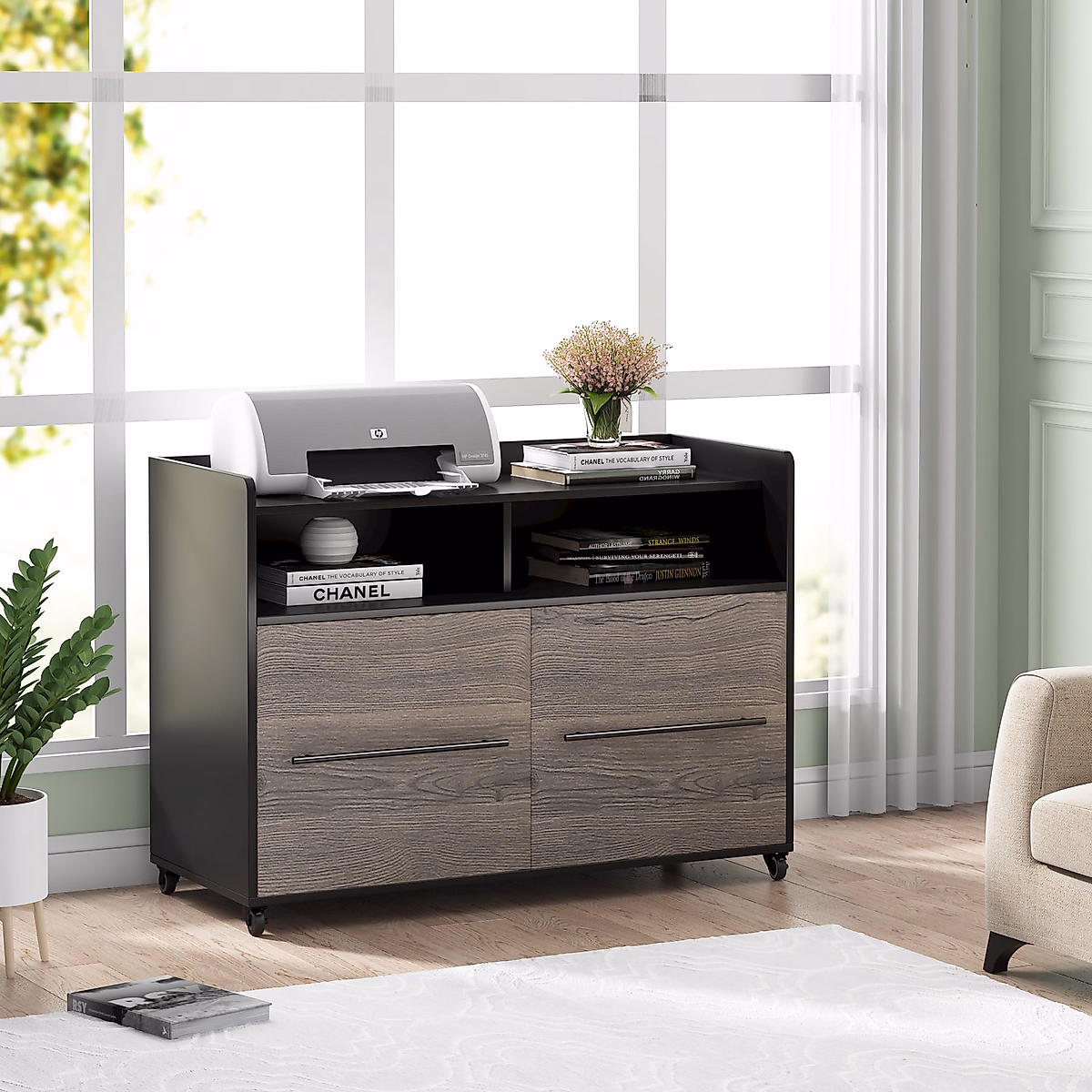 Tribesigns 2 Drawer File Cabinet Rolling Filing Cabinets for Home Office Grey lateral File Cabinet Wood File Cabinet for Letter Size, Printer Stand with Rolling Wheel and Open Storage Shelves