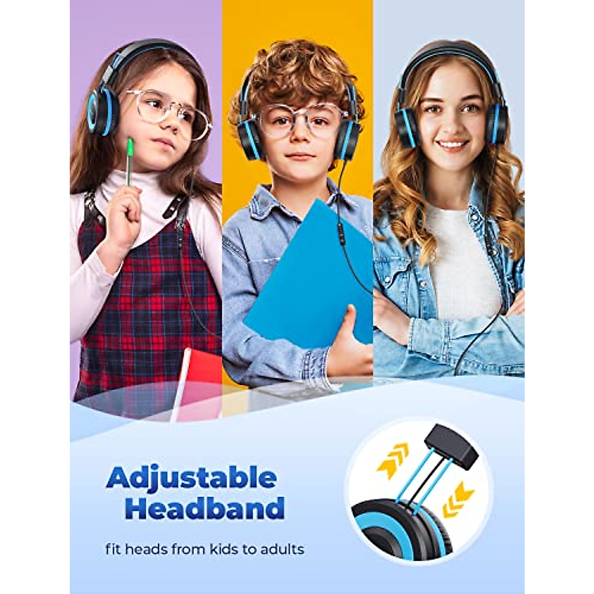iClever HS14 Kids Headphones, Headphones for Kids with 94dB Volume Limited for Boys Girls, Adjustable Headband, Foldable, Child Headphones on Ear for Study Tablet Airplane School, Black, Blue