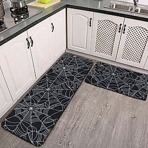 YouTary Halloween Spider Black and White Spiderweb Pattern Kitchen Rug Set 2 PCS Floor Mats Washable Non-Slip Soft Flannel Runner Rug Doormat Carpet for Kitchen Bathroom Laundry