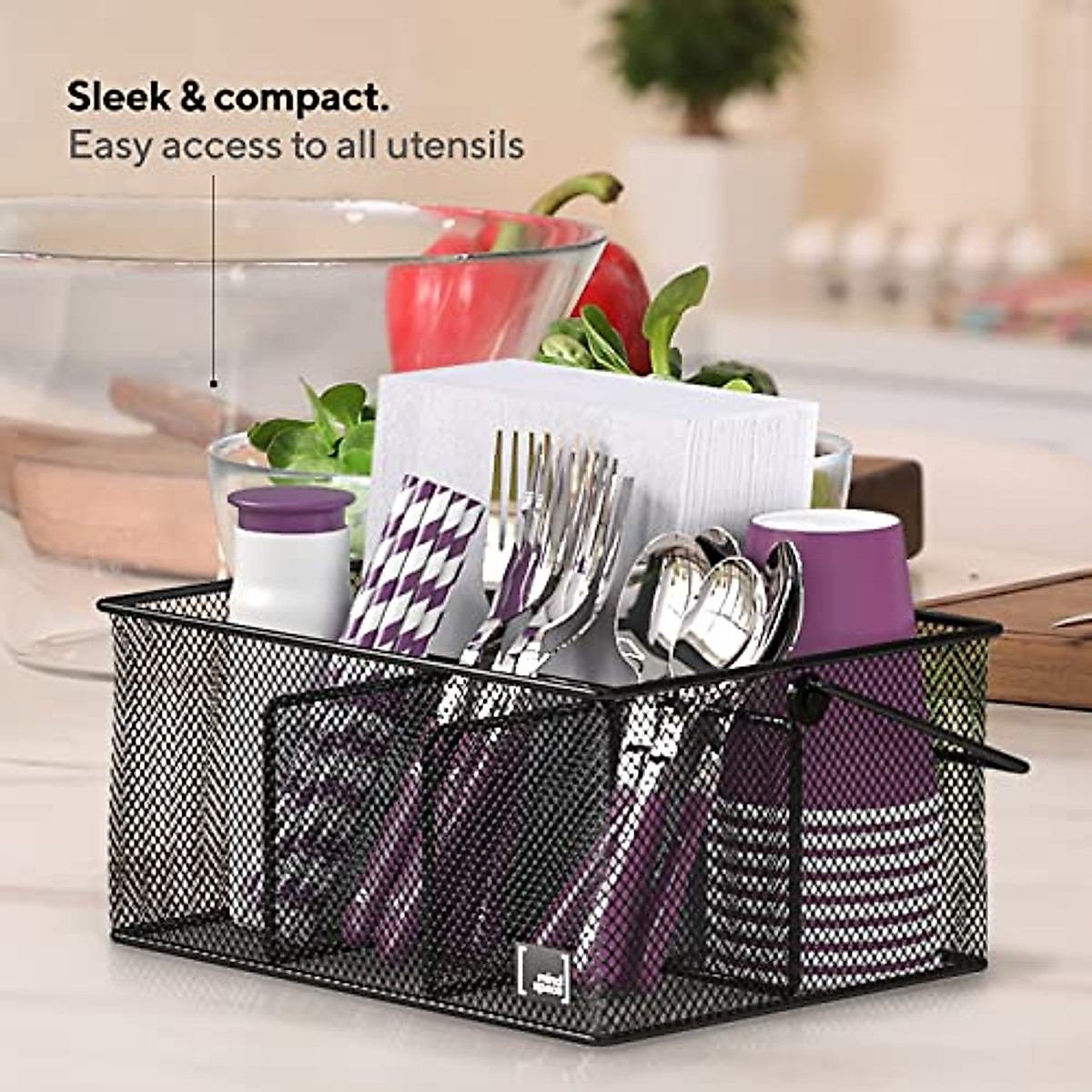 Mindspace Utensil Holder, Kitchen Condiment Organizer and Flatware Utensil Caddy | The Mesh Collection, Black
