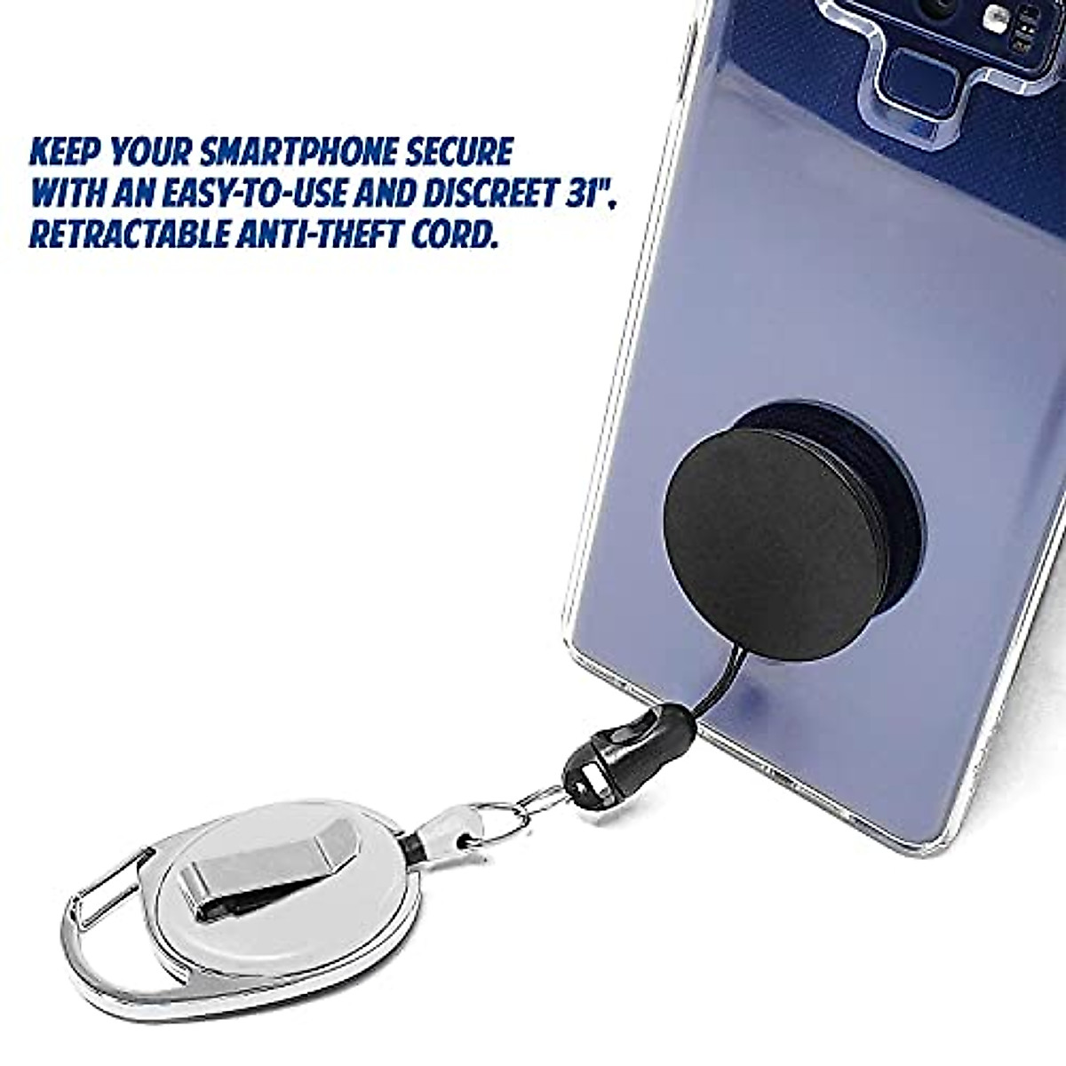 Phone Assured Phone Tether - 31" Safety Anti Theft Retractable Phone Clip - Anti-Drop Travel Clip - White Smartphone Clip for Pants or Purse - Universal Connection Fits Any Smartphone Case (1 Pack)