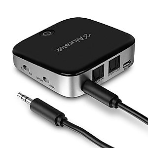 Aluratek ADB1B Bluetooth Audio Receiver and Transmitter, 2-in-1 Wireless 3.5mm, AUX, Optical Audio Adapter, Pairing with 2 Bluetooth Headphones Simultaneously in Transmitter Mode, Small