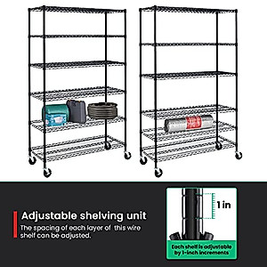 PayLessHere Commercial Grade 6 Tier Adjustable Storage Shelf Heavy Duty Metal Shelf NSF Certified Wire Shelving Unit with Wheels 6000LBS Capacity 18" D x 48" W x 72" H,Black