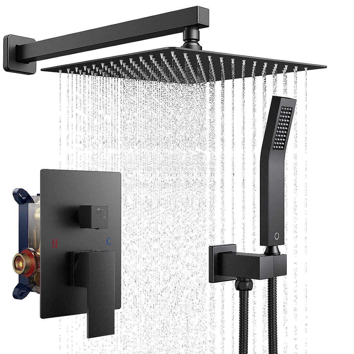 FORIOUS Shower Faucet Set Black -12 Inch Shower System with Solid Brass Pressure Balanced Valve, Rainfall Shower Head and Handle Set, Wall Mounted Shower Fixtures Combo Matte Black