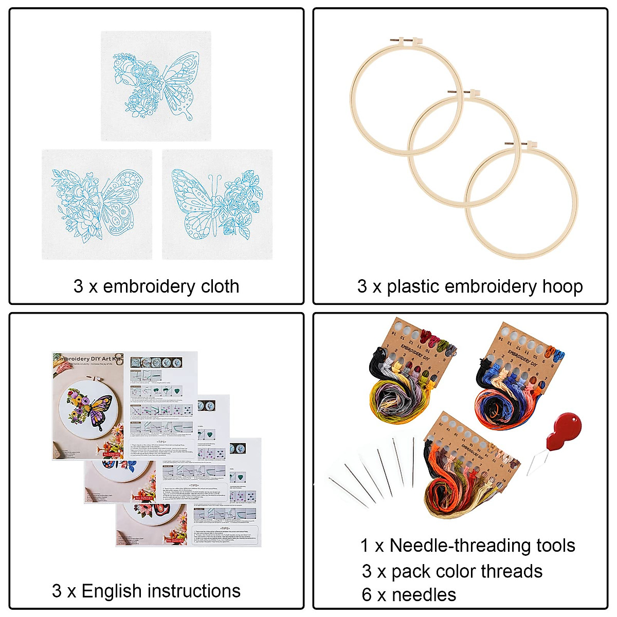 Anidaroel 3 Sets Butterfly Flower Pattern Embroidery Starter Kit for Beginners, Stamped Cross Stitch Kits for Beginners Adults Include Embroidery Fabric Embroidery Hoop Threads and Needles