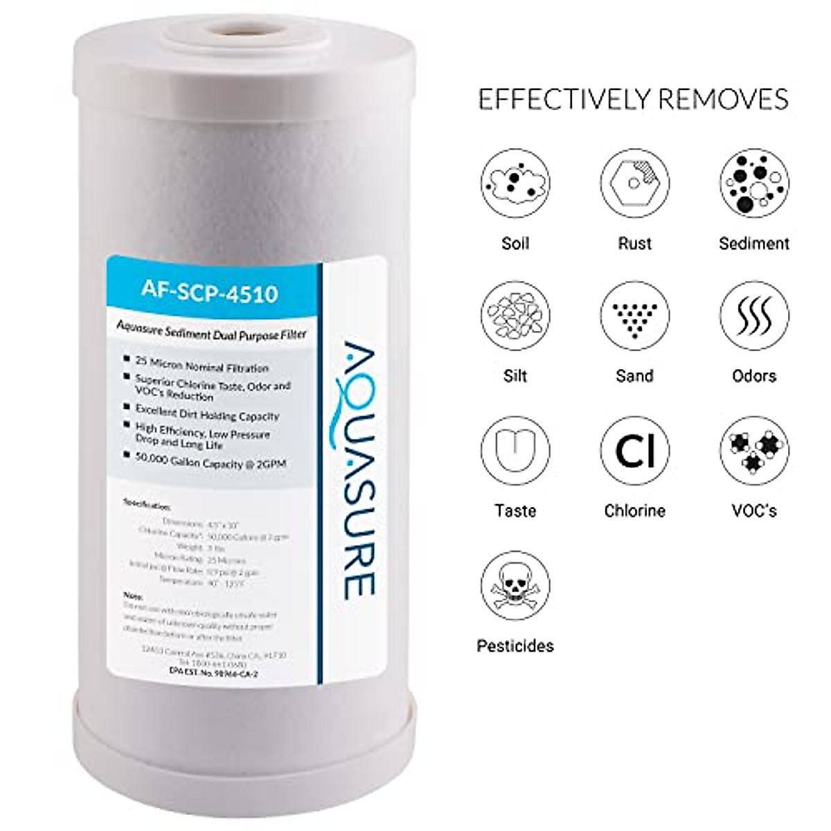 Aquasure Fortitude 25 Micron Sediment + GAC Carbon Mesh Whole House Replacement Water Filter - 10" x 4.5"