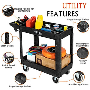 TUFFIOM Plastic Service Utility Cart with Wheels, 550lbs Capacity Heavy Duty Tub Storage Cart W/Deep Shelves, Multipurpose Rolling 2-Tier Mobile Storage Organizer, for Warehouse Garage Industrial