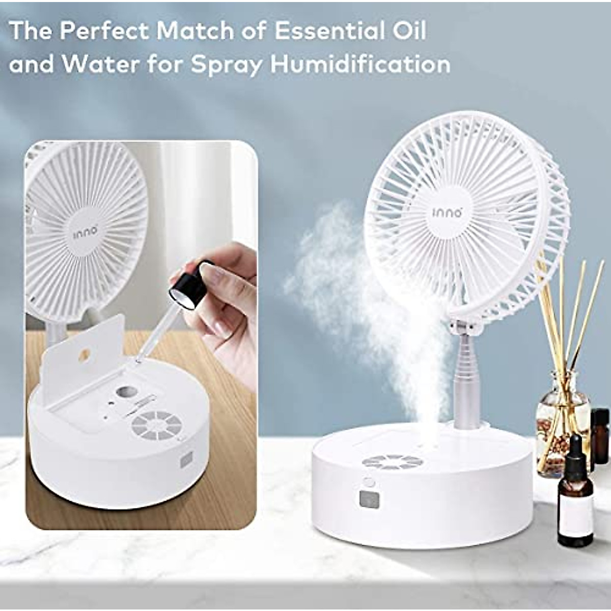 INNO Portable Fan & Essential Oil Diffuser – Foldable Standing or Desk Fan with Night Light, Air Diffuser, Humidifier – 24 Hr. Run Time White