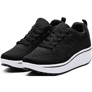 PPXID Women's Platform Fashion Sneakers Breathable Mesh Walking Shoes Lightweight Non Slip Running Shoes-Black 12 US Size