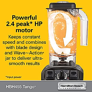 Hamilton Beach Commercial Tango Blender, 48 oz BPA Free Container, Adjustable Timer, 2.4 HP (HBH455)