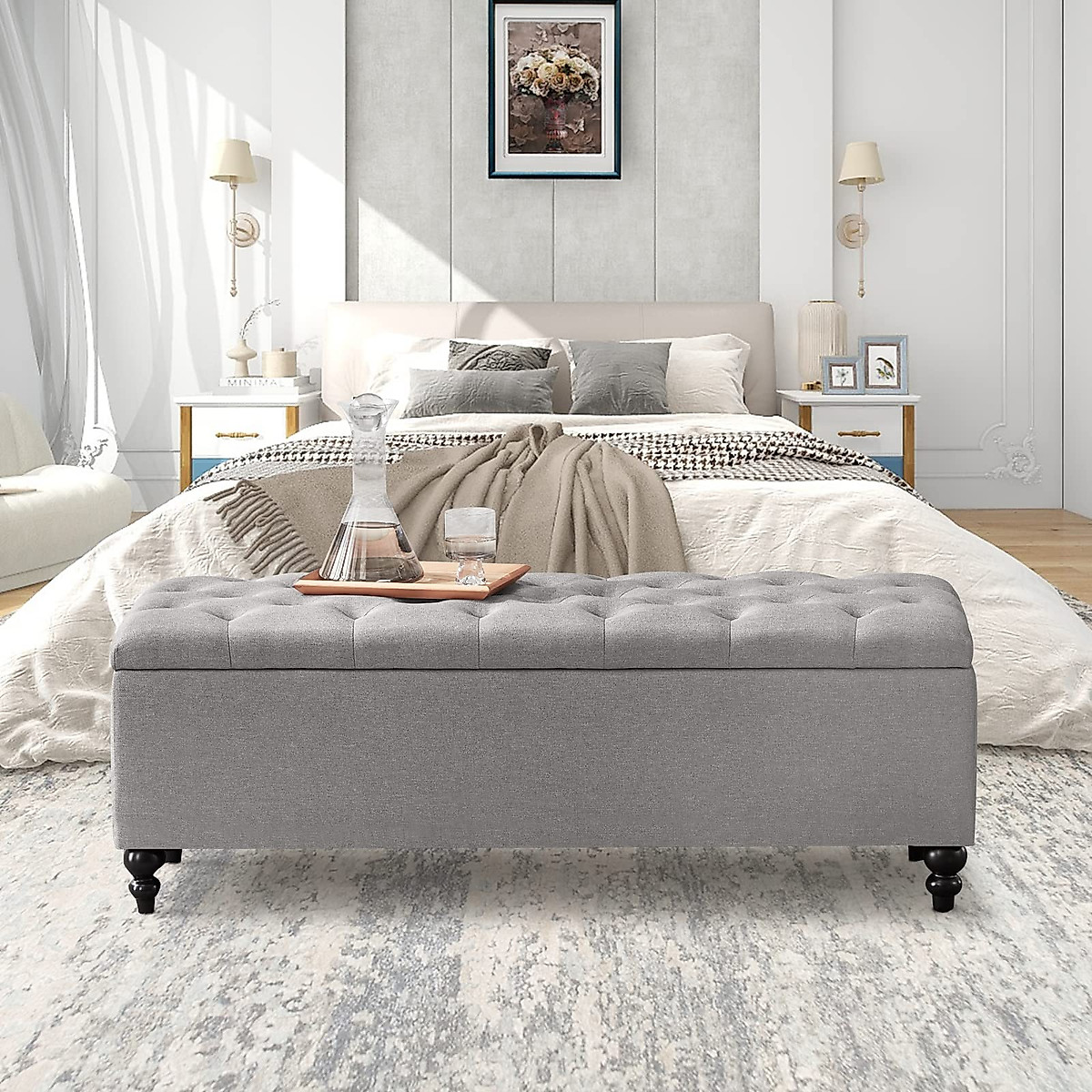 Storage Ottoman 50.2 Inches Upholstered Fabric Bench，Button Tufted for Living Room，Bedroom End of Bed Bench Withstands 303lbs (Grey)