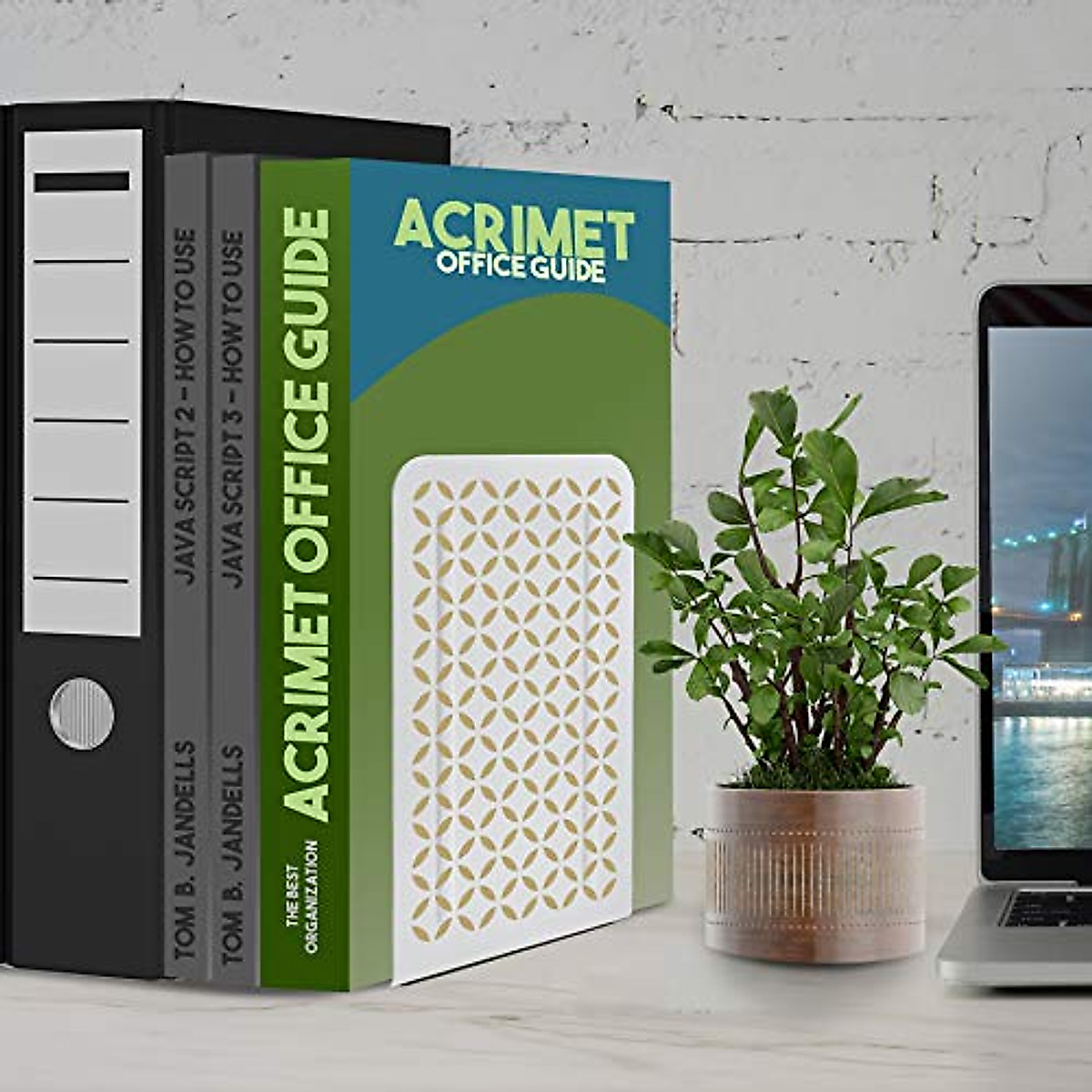 Acrimet Metal Bookends Design Series (Heavy Duty) (White Bookend with Gold Design) (1 Pair Pack)