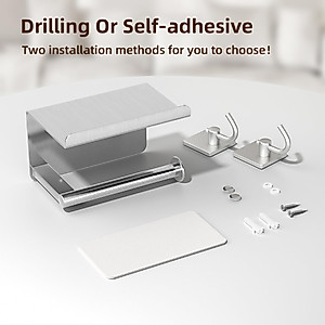 Adhesive Towel Hooks and Toilet Paper Holder Set, self Adhesive or Screw in Wall Mounted Toilet Paper roll Holder, rustproof Bathroom Tissue Holder Toilet Paper Holder with Phone Shelf (Silver)