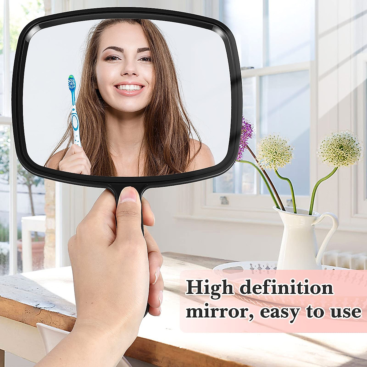 Jetec 3 Pieces Hand Handheld Cosmetic Mirrors with Handle, Portable Vanity Mirrors for Travel, Home, and Salon Use(9.17 x 6.53 Inch,Red, Black, Blue)