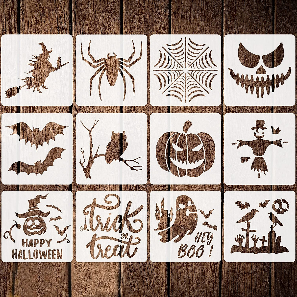 12 Pieces Halloween Stencils Reusable Plastic Halloween Theme Drawing Stencils for Painting on Wood Walls Fabrics Window, 7.9 Inches