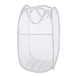 Altsuceser Mesh Pop-up Laundry Hamper, Large Foldable Dirty Clothes Laundry Basket Bag with Carry Handles or Kids Room, College Dorm or Travel White
