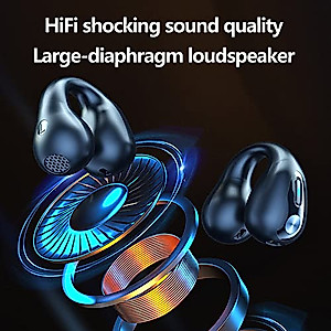 Houstic Open Ear Headphones Clip On Wirelss Earbuds Bone Conduction Sport Earbuds Bluetooth 5.3 Built-in Microphone LED Power Display for Workout Cycling Running Gym Black