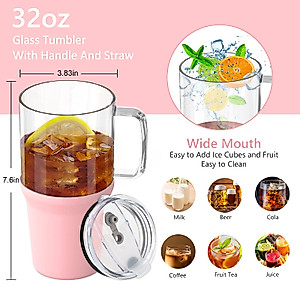 Sursip 32 oz Glass Tumbler with Handle, Glass Water Bottles with Lid and Straw, Reusable Iced Coffee Cup with Silicone Sleeve - Fits in Car Holder, BPA Free, Leak Proof, Dishwasher Safe (Pink)