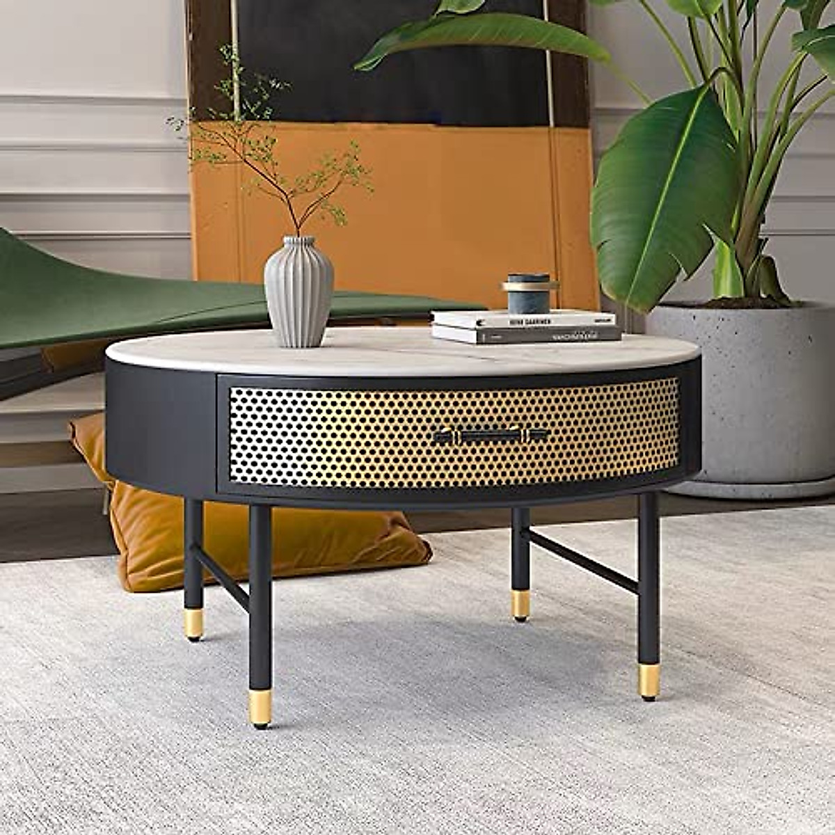 ZYWH Coffee Table Round White Marble Table top Desk Modern Cocktail Table for Living Room, Sofa Table, Office Table, Elegant Table (D:21.6 inch Round)