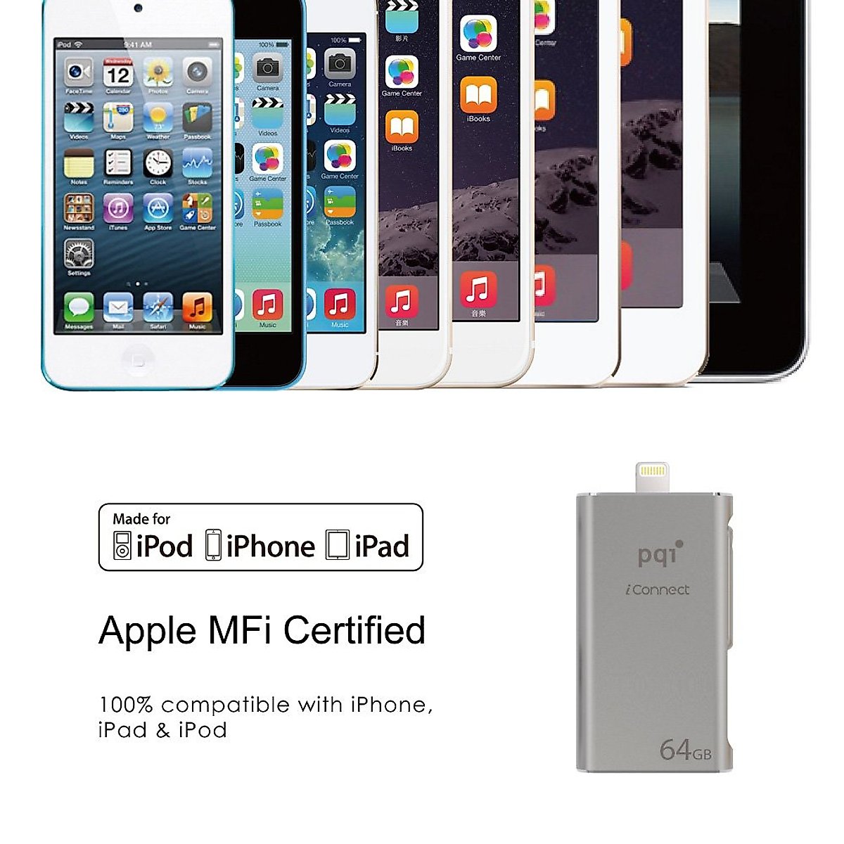 Flash Drive for iPhone iPad, iConnect[USB 3.0] [Apple MFi Certified] Apple FlashDrive Mobile Storage with Lightning Connector for iPhone, iPad, iPod Mac and Computer (64GB) (Space Gray)
