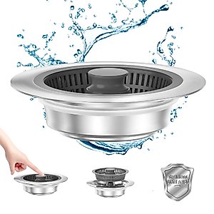 3 in 1 Kitchen Sink Drain Strainer and Stopper, Upgraded Bigger Basket, Pop Up Kitchen Sink Stopper, 304 Stainless Steel, Anti-Clogging Kitchen Sink Drain Stopper for US
