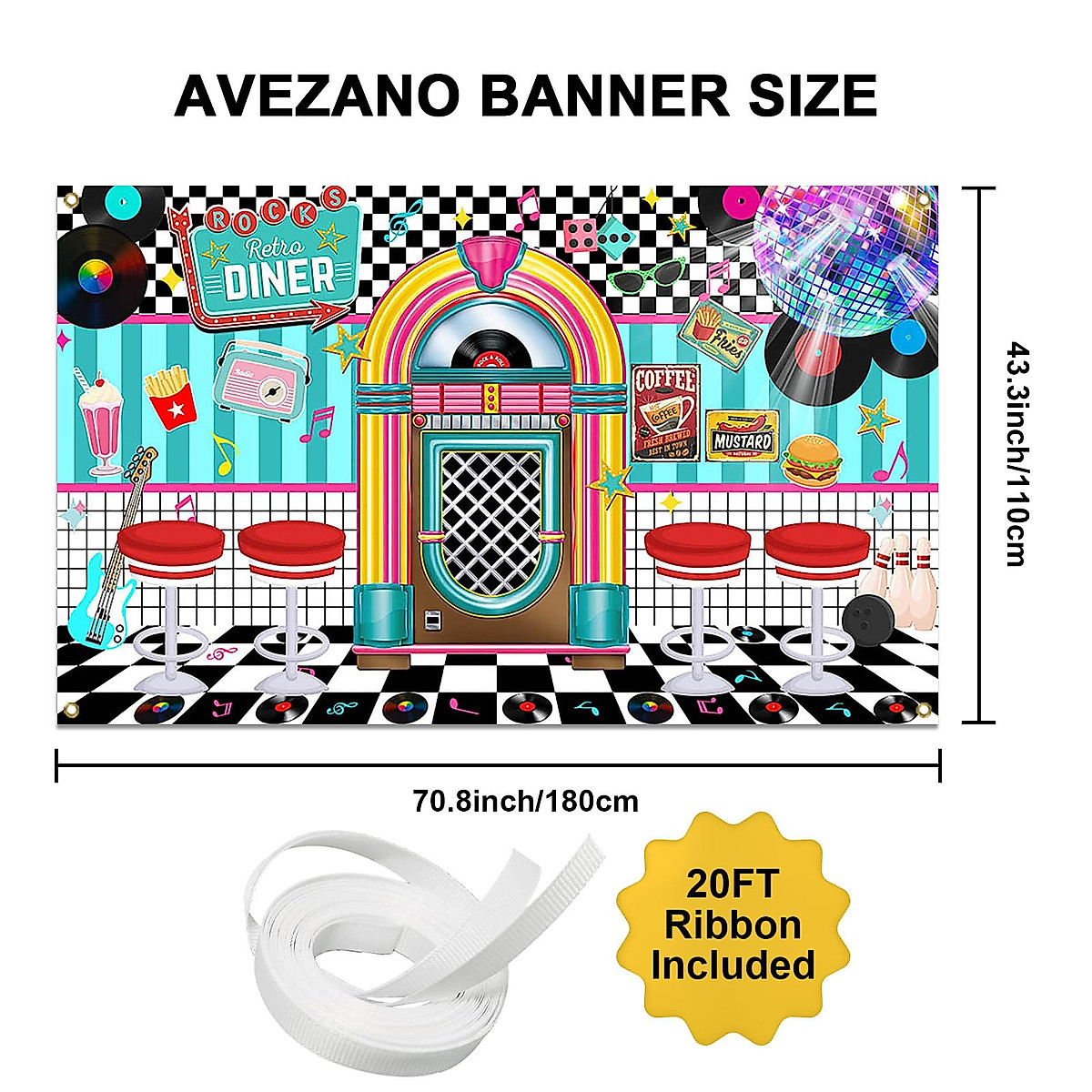 Avezano 50s Retro Diner Party Backdrop 50s Retro Rock and Roll Diner Classic Party Decoration Banner 1950s Sock Hop Party Decor 70.8 x 43.3 Inch