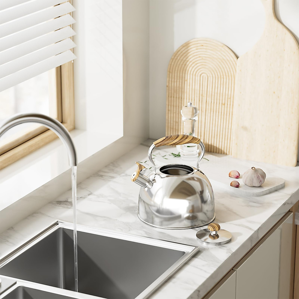 Chefbar Tea Kettle Stovetop, Whistling Tea Kettles for Stove Top, Teakettle Tea Pots for Stovetop, Food Grade Stainless Steel Teapot Kettle with Wood Pattern Handle for Home Kitchen, 2.5 Liter Silver