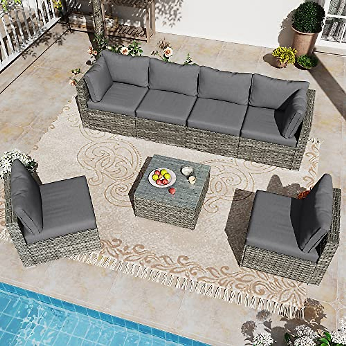 LAUSAINT HOME Outdoor Patio Furniture, 7 Pieces Outdoor Sectional PE Rattan Wicker Patio Furniture Sets, All Weather Garden Conversation Seat with Cushion and Glass Coffee Side Table (Grey)