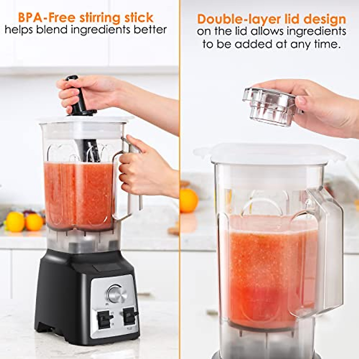 Enfmay Smoothie Blender Maker, 1450W Powerful Blender for Kitchen with 2L BPA-Free Tritan Container, 6 Stainless Steel Blades and Stepless Speeds, Kitchen Blender for Shakes/Smoothies/Ice/Soup/Nut, Silver