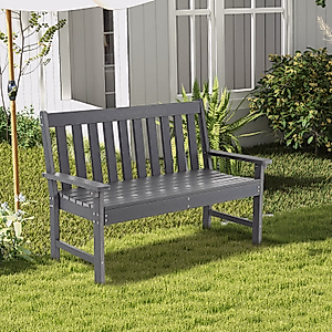 Giantex Outdoor Bench, 52-Inch Outside Bench All-Weather HDPE Park Bench with Backrest and Armrests, 705 lbs Weight Capacity, 2-Person Slatted Patio Bench for Porch, Yard, Lawn, Garden Bench (Grey)