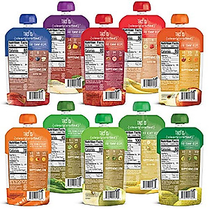 Happy Baby Organics Stage 2 Baby Food Pouches, Gluten Free, Vegan & Healthy Snack, Clearly Crafted Fruit & Veggie Puree, Fruit & Veggie Variety Pack, 4 Ounces (Pack of 10)