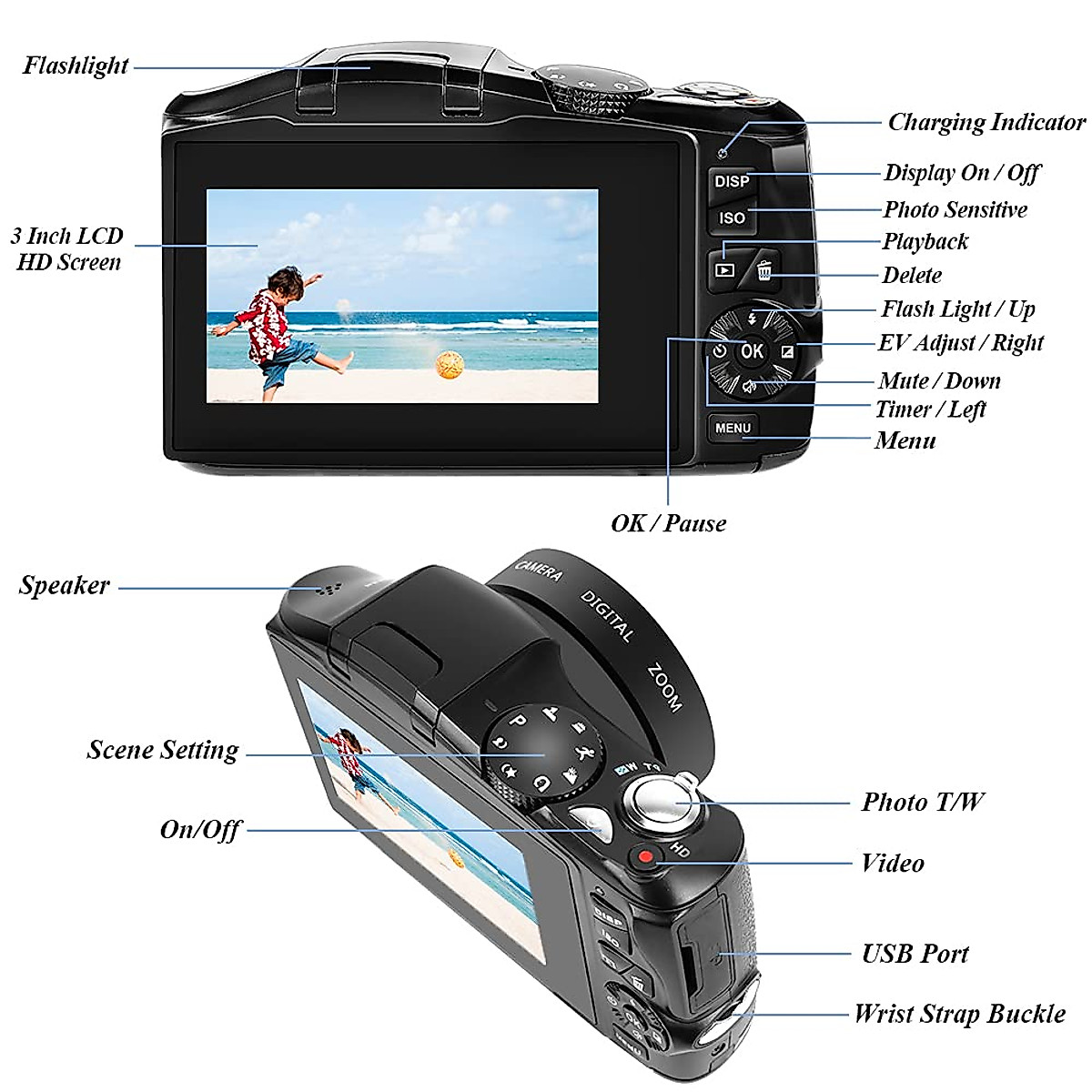 Lincom Tech Digital Camera, 2.7K 48MP Full HD Vlogging Camera Rechargeable YouTube Camera, 3 Inch Portable Compact Mini Blogging Camera Point and Shoot Camera for YouTube, Black