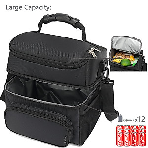 FlowFly Double Layer Cooler Insulated Lunch Bag Adult Lunch Box Large Tote Bag for Men, Women, With Adjustable Strap,Front Pocket and Dual Large Mesh Side Pockets,Black