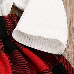 Newborn Baby Girl Suspender Skirt Outfit Set Christmas Ruffle Long Sleeve Plaid Shirts and Overall Skirts+Headband (Red , 0-3Months )